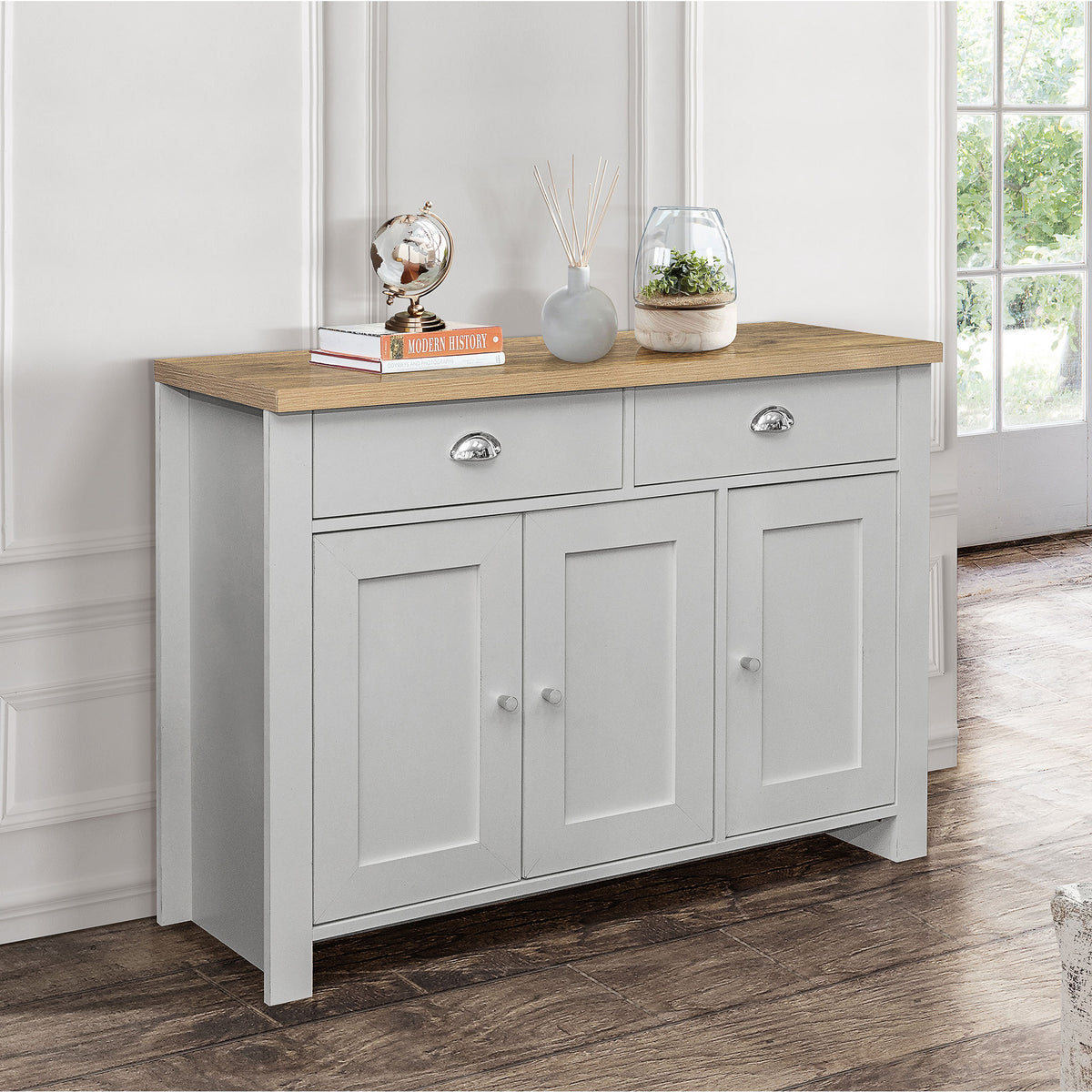 Highgate Grey & Oak 3 Door 2 Drawer Sideboard | Grove Bedding